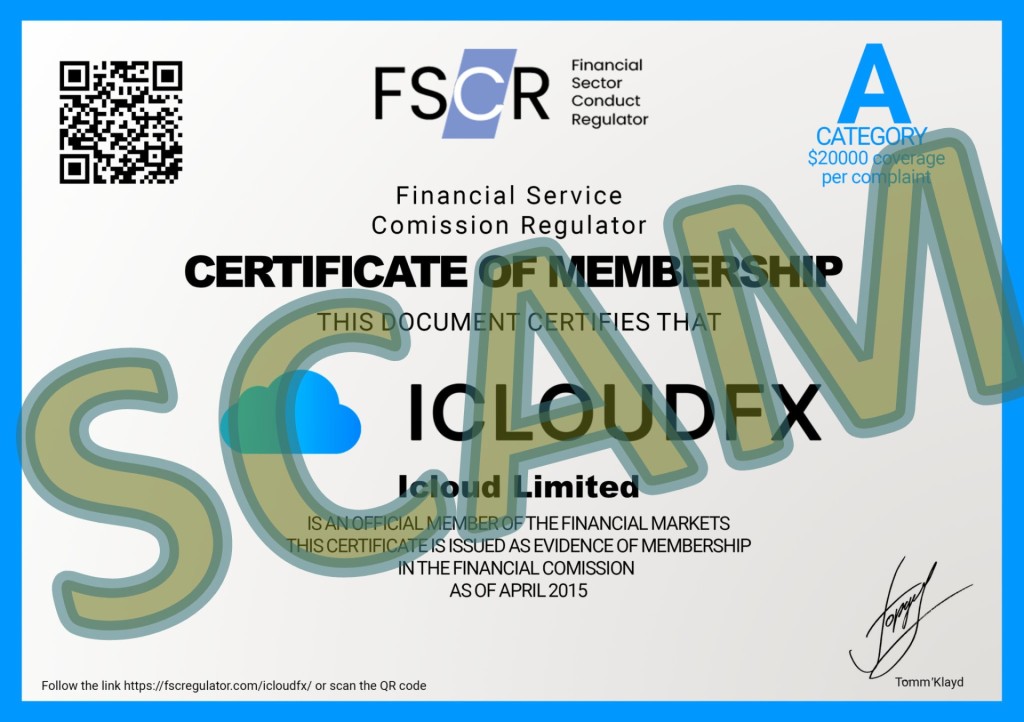 Лжерегулятор FSCR прикрывает лжеброкера ICLOUDFX — Вкладер